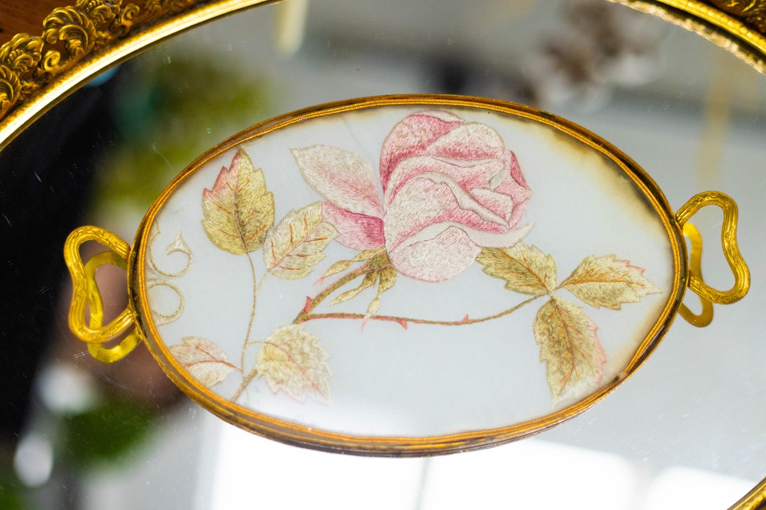 Vintage Ornate Embroidered Rose Flower Tray With Gold Tone Metal Oval ...