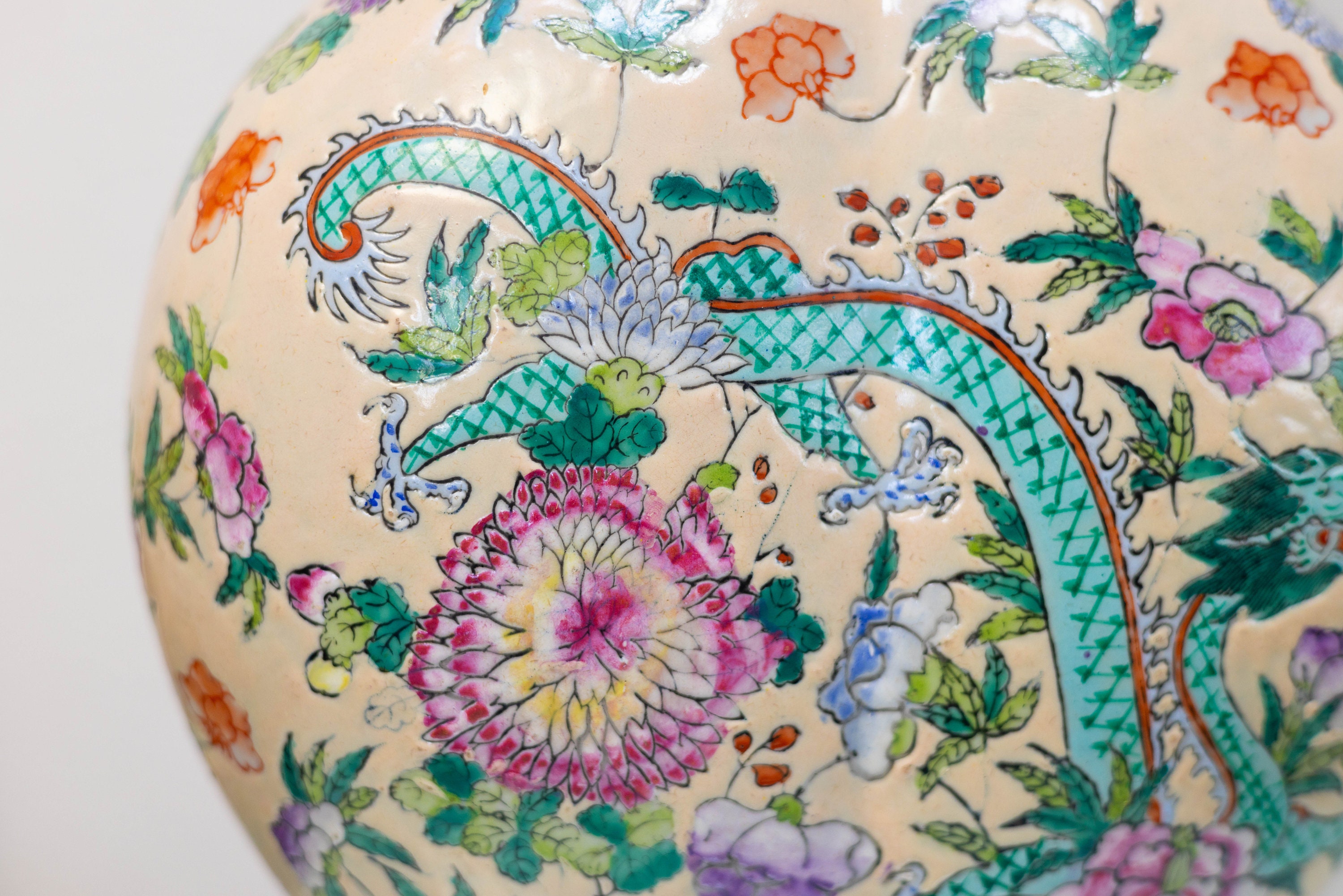 Antique Chinese Embossed Porcelain Dragon Vase / Vintage Conjoined Hand ...