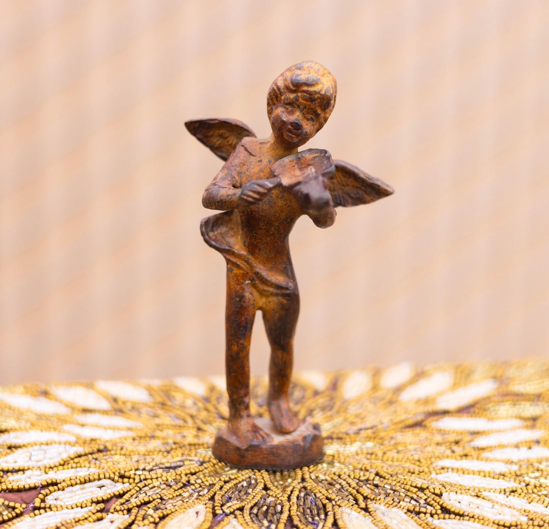 Vintage Metal Angel Statue Sculpture Playing Violin | Distressed Aged ...