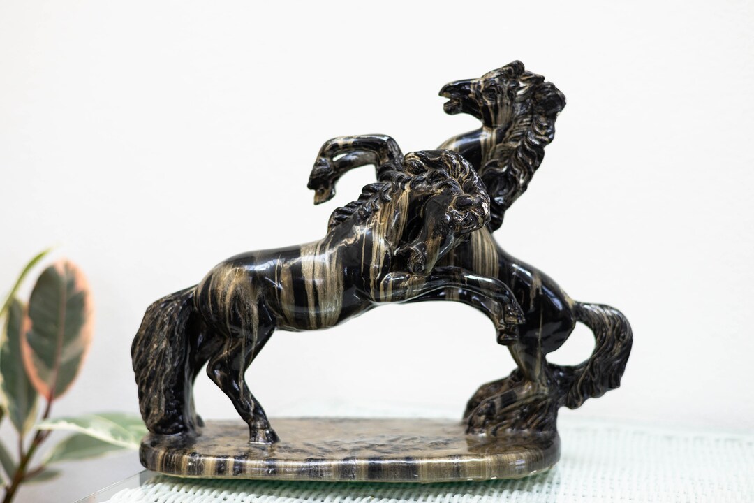 Vintage 70s Horse Sculpture / Two Black Stallions / Ceramic Marble ...
