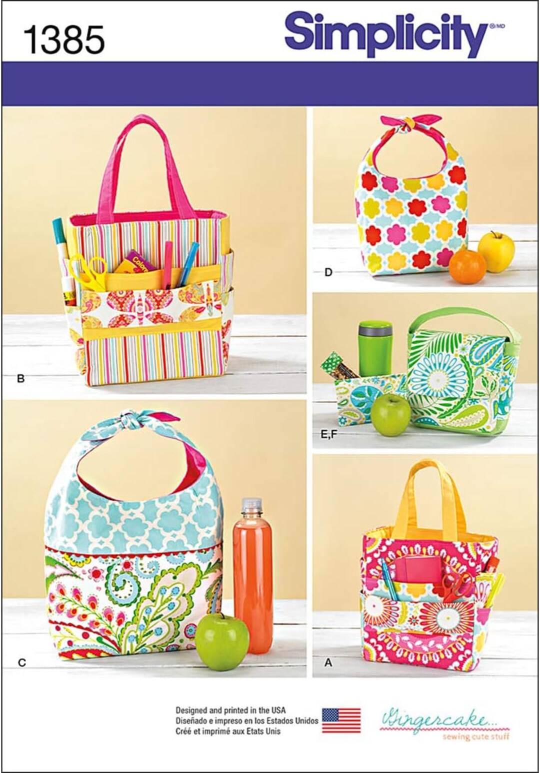 Simplicity 1385 Art Tote Bag, Lunch Box, and Snack Bag Sewing Patterns ...