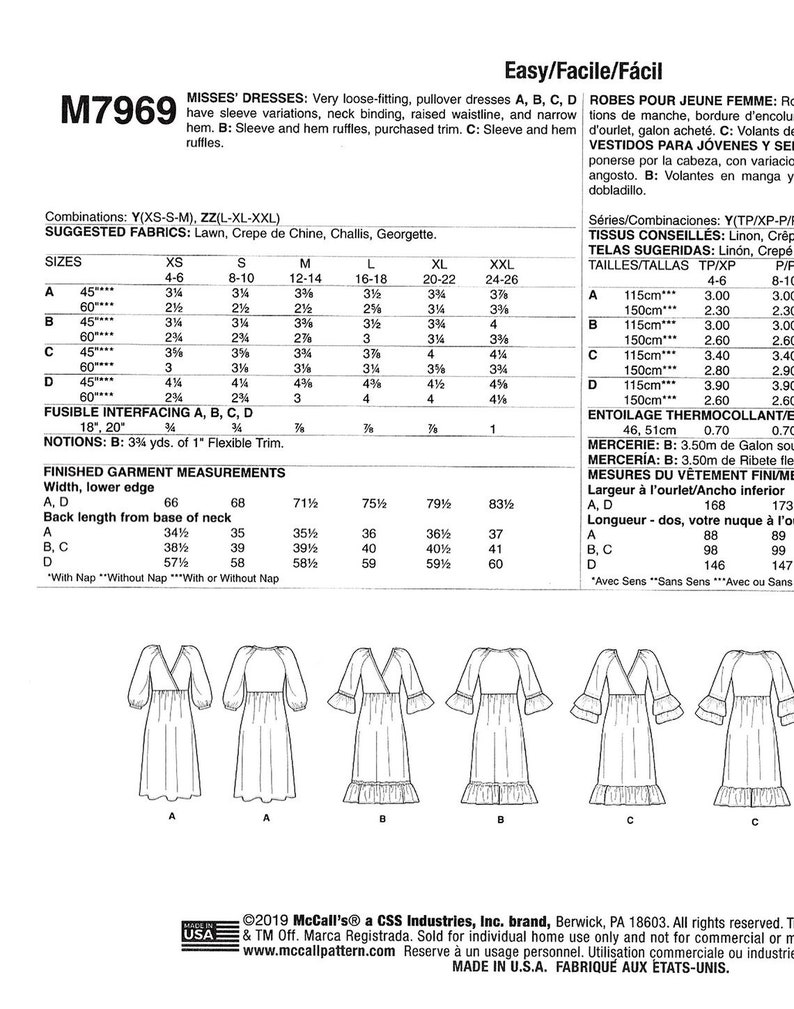 Mccall's 7969 Uncut Sewing Pattern Size XS-S-M and L-XL-XXL Misses ...