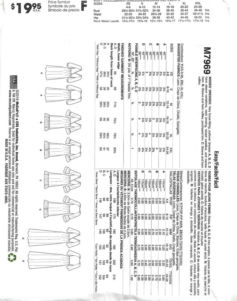 Mccall's 7969 Uncut Sewing Pattern Size XS-S-M and L-XL-XXL Misses ...