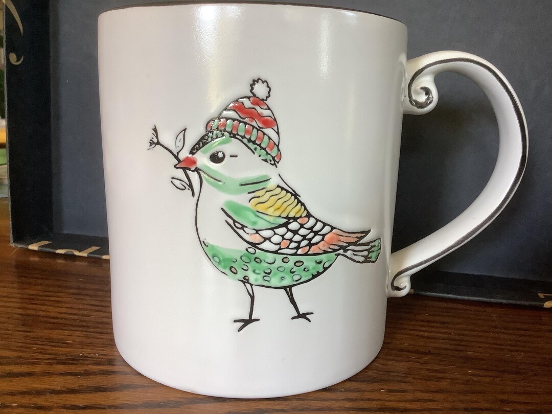 Big Mug, 10 Ounce, White, Red Inside, Colorful Etched Bird W/ Winter ...