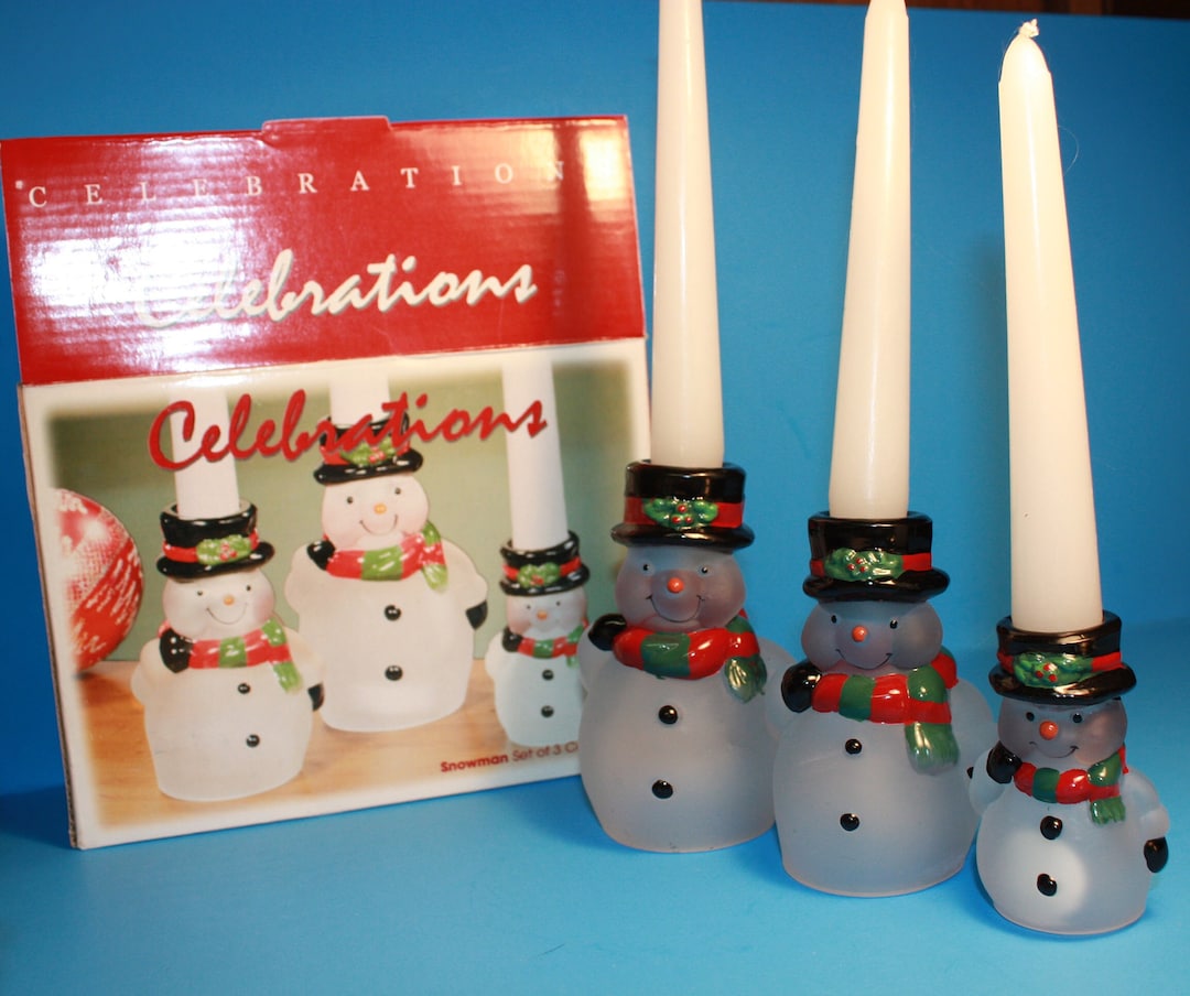 Vintage 3 Christmas Snowman Candle Holders W/ Candles by Celebrations ...