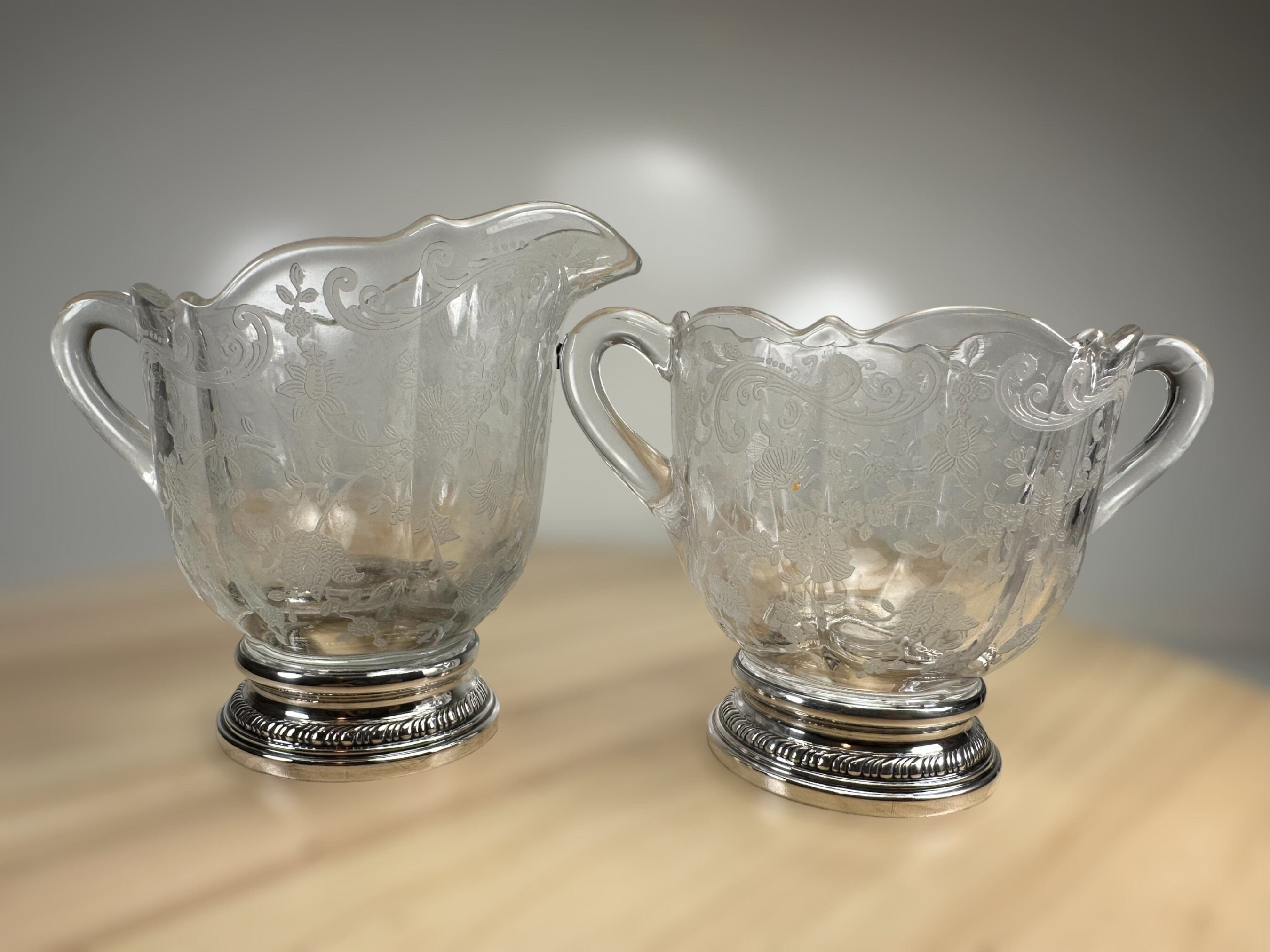 Vintage Cambridge Glass Chantilly Sugar and Creamer Set With Sterling ...