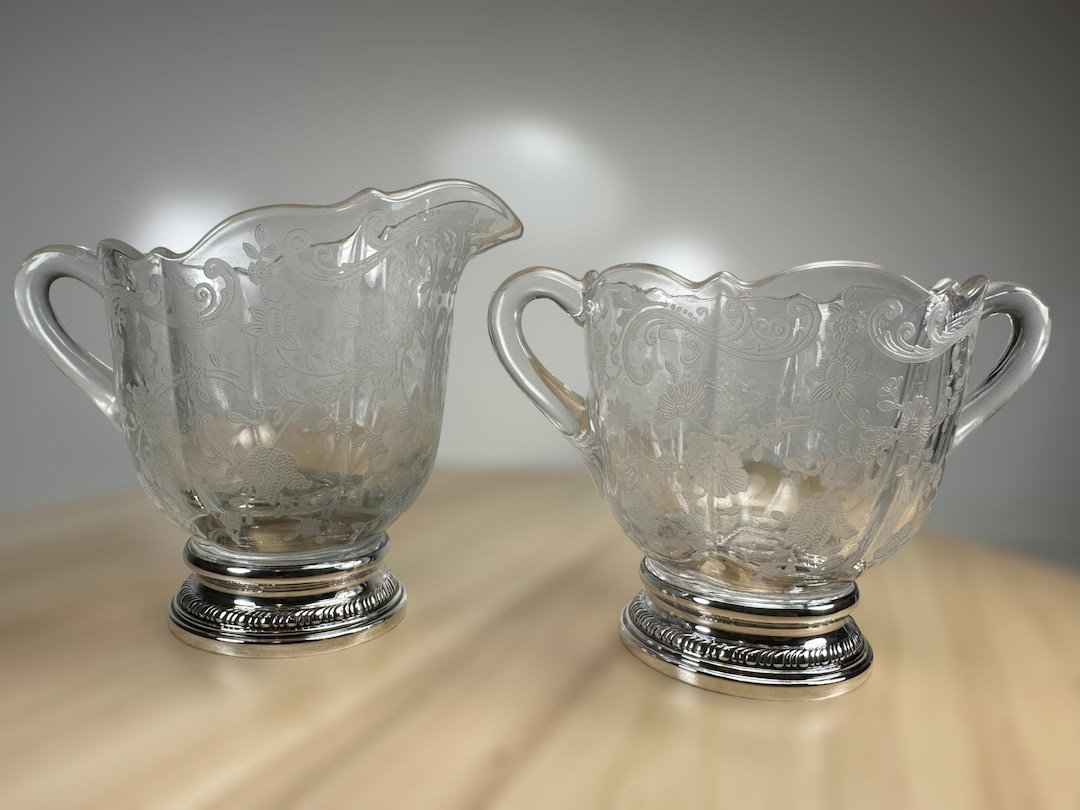 Vintage Cambridge Glass Chantilly Sugar and Creamer Set With Sterling ...