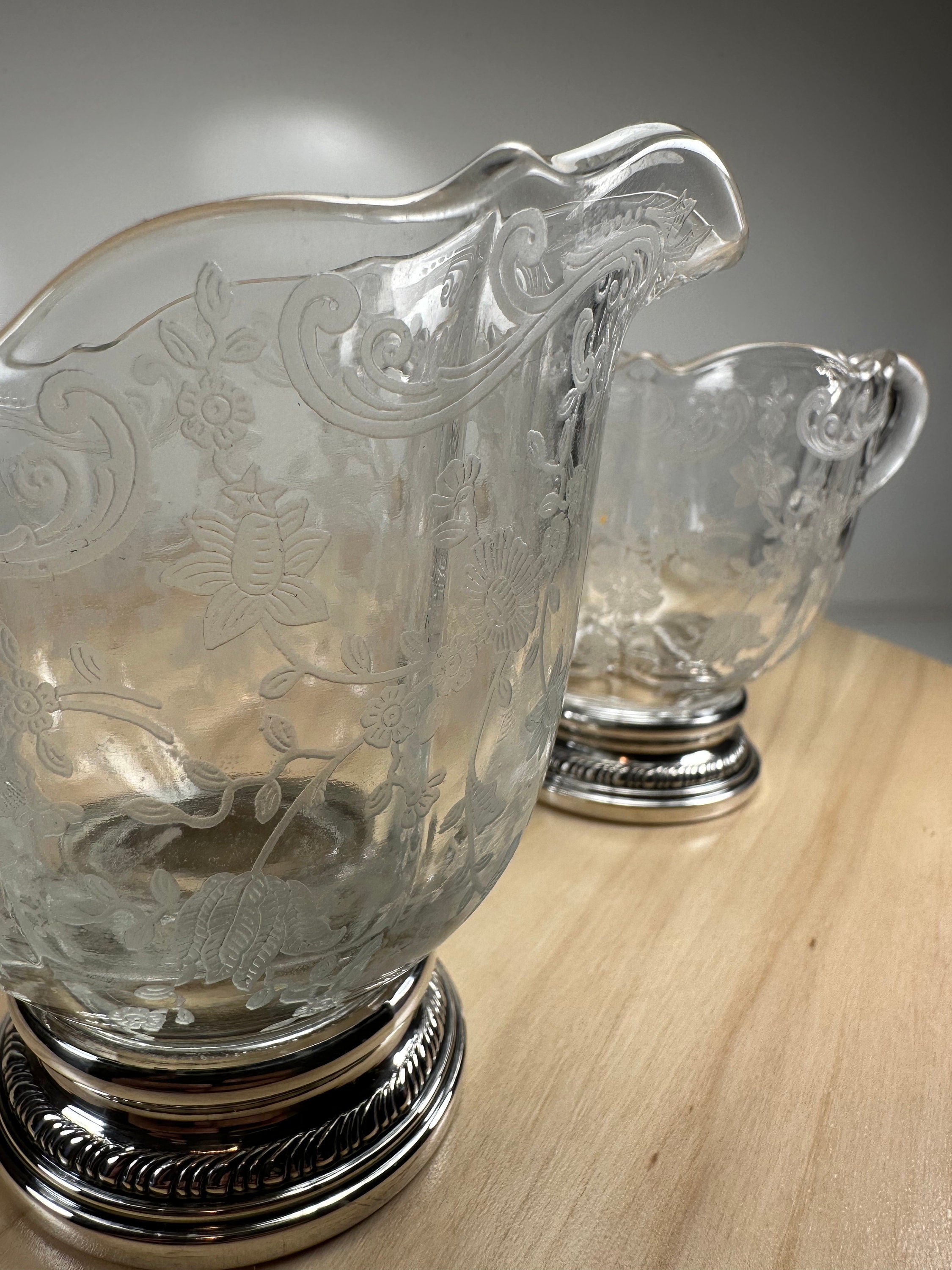 Vintage Cambridge Glass Chantilly Sugar and Creamer Set With Sterling ...