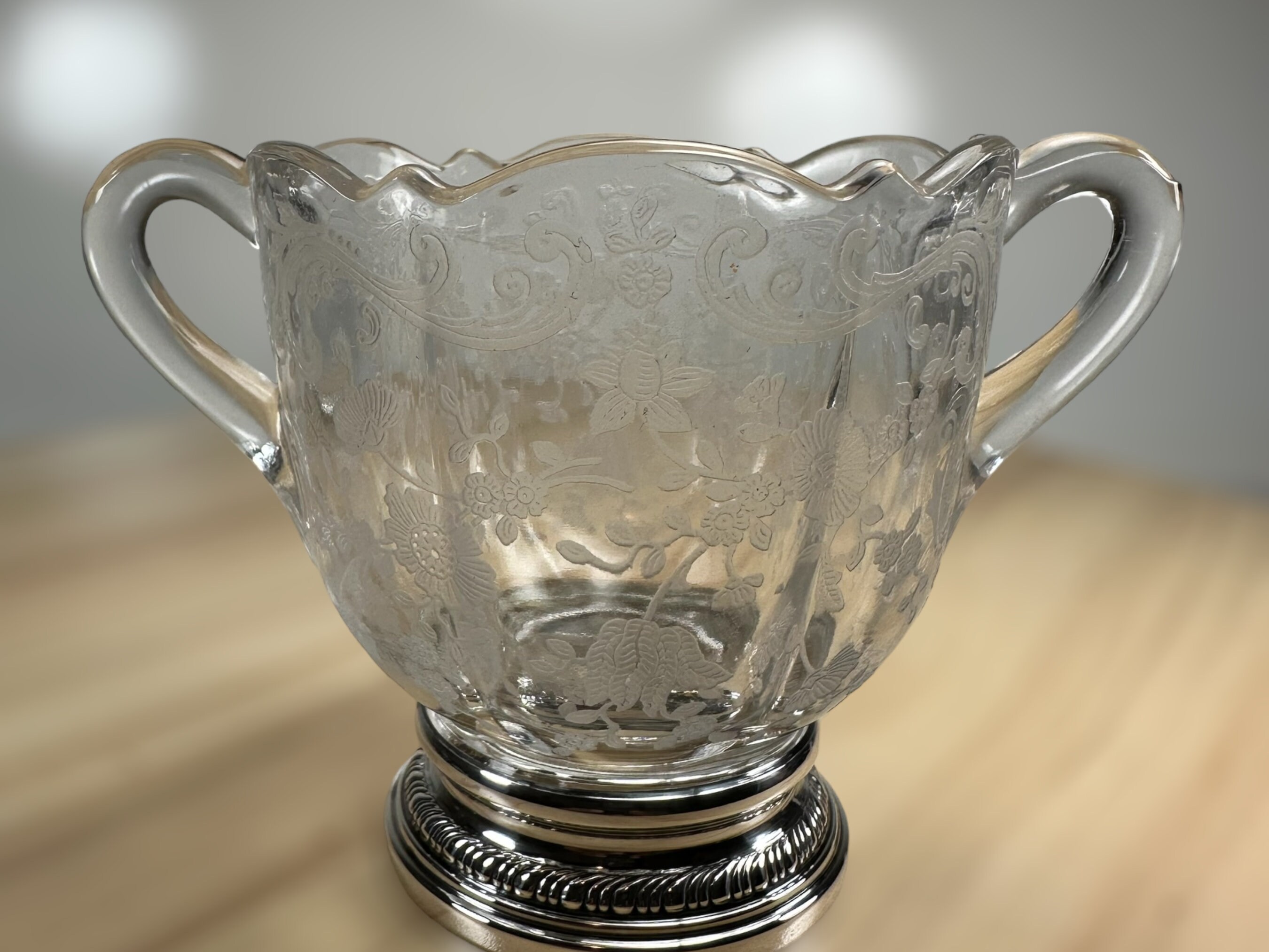 Vintage Cambridge Glass Chantilly Sugar and Creamer Set With Sterling ...