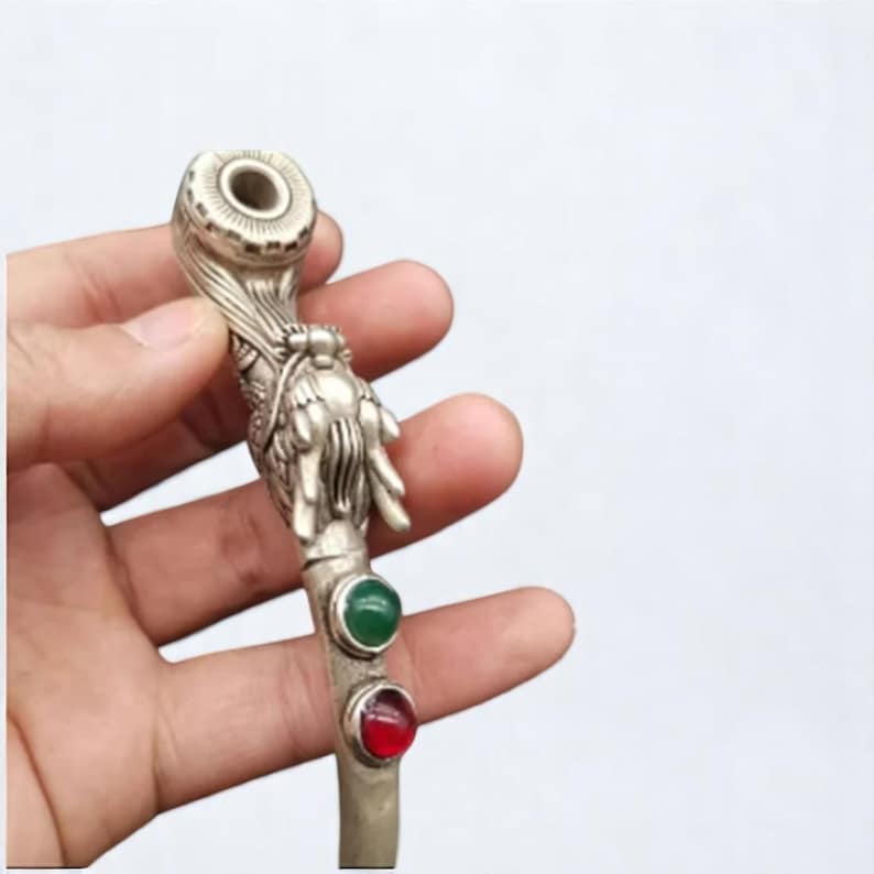 Vintage Dragon Head Smoking Pipe | White Copper Pipe With Inlaid Agate ...