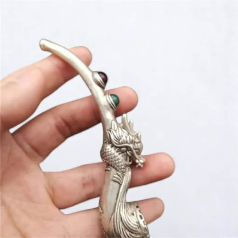 Vintage Dragon Head Smoking Pipe | White Copper Pipe With Inlaid Agate ...
