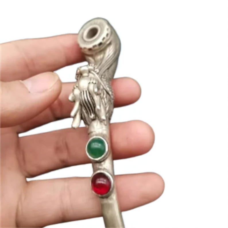 Vintage Dragon Head Smoking Pipe | White Copper Pipe With Inlaid Agate ...