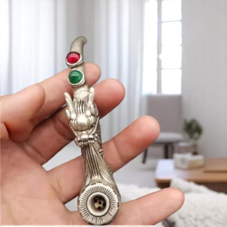 Vintage Dragon Head Smoking Pipe | White Copper Pipe With Inlaid Agate ...