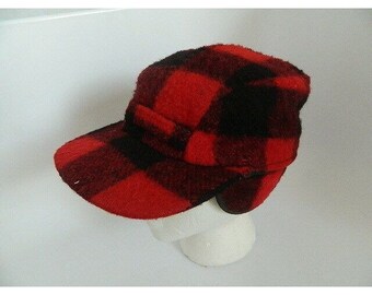1950s Woolrich Hunting Hat in Red & Black Buffalo Check Wool Flannel ...