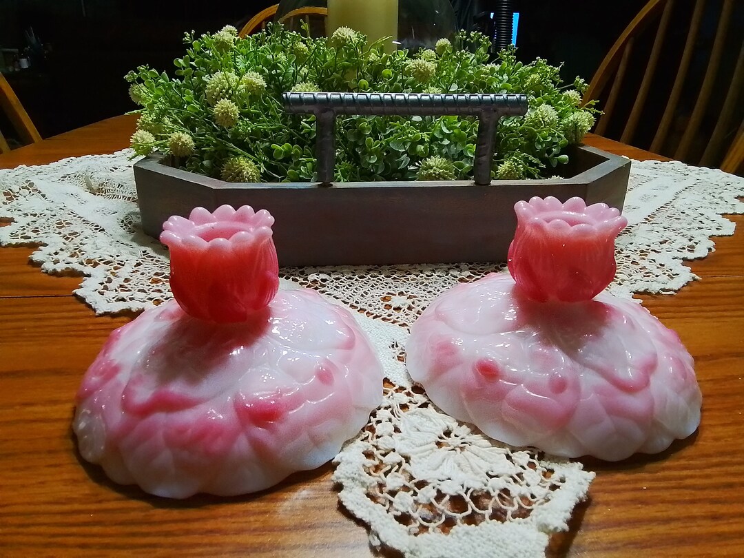 RARE Fenton Vintage Pink Slag Water Lily Candlestick Holders - Etsy