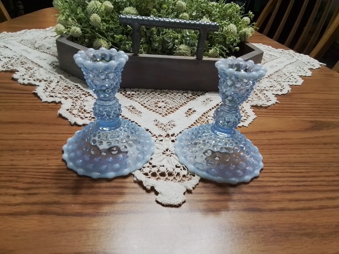 RARE Fenton Baby Blue Hobnail Candlestick Holders - Etsy