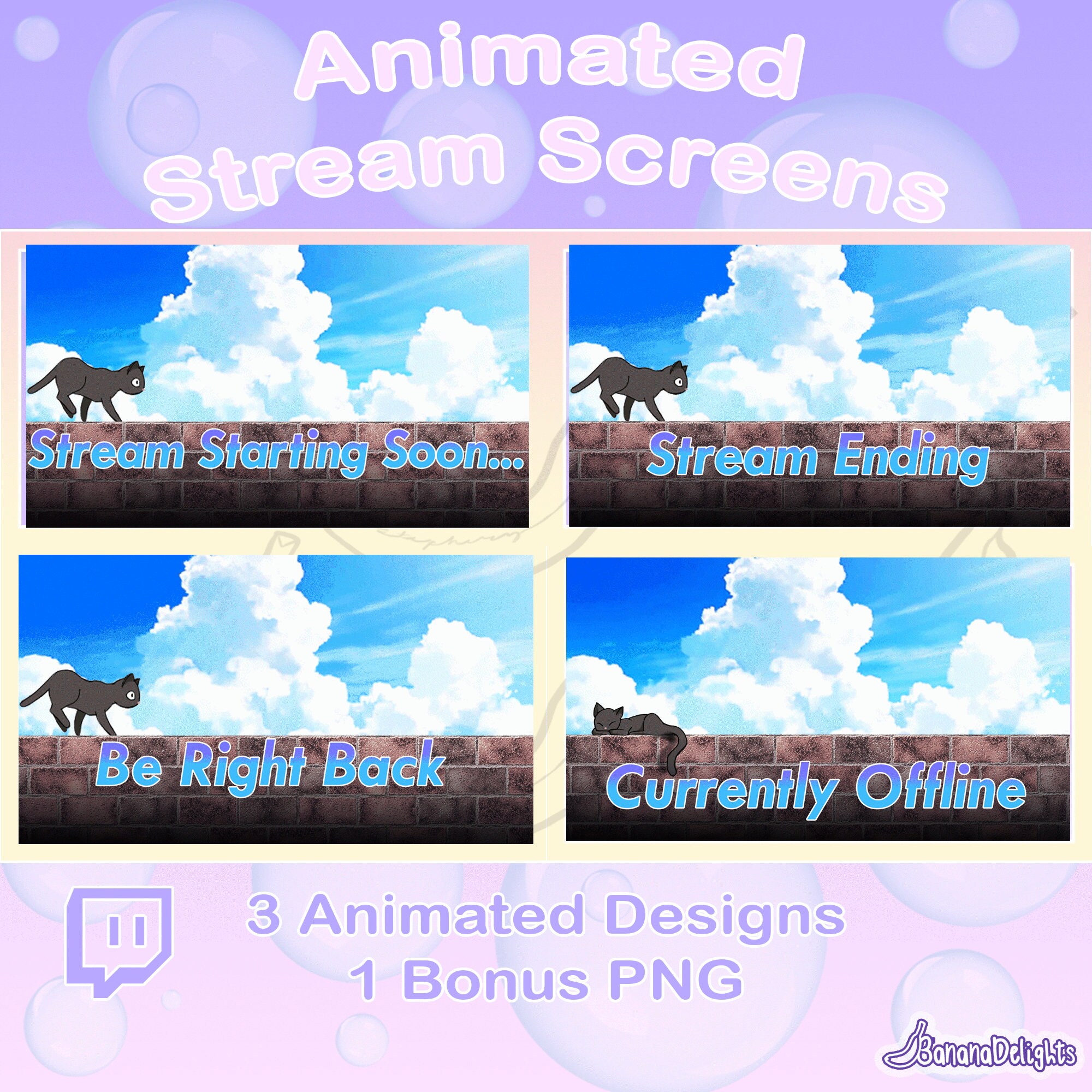 4 Pack Twitch Animated Stream Screens / Running Black Cat / Anime ...