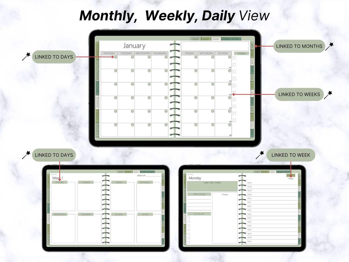 Digital Planner Undated, Monthly Digital Planner, iPad Goodnotes ...
