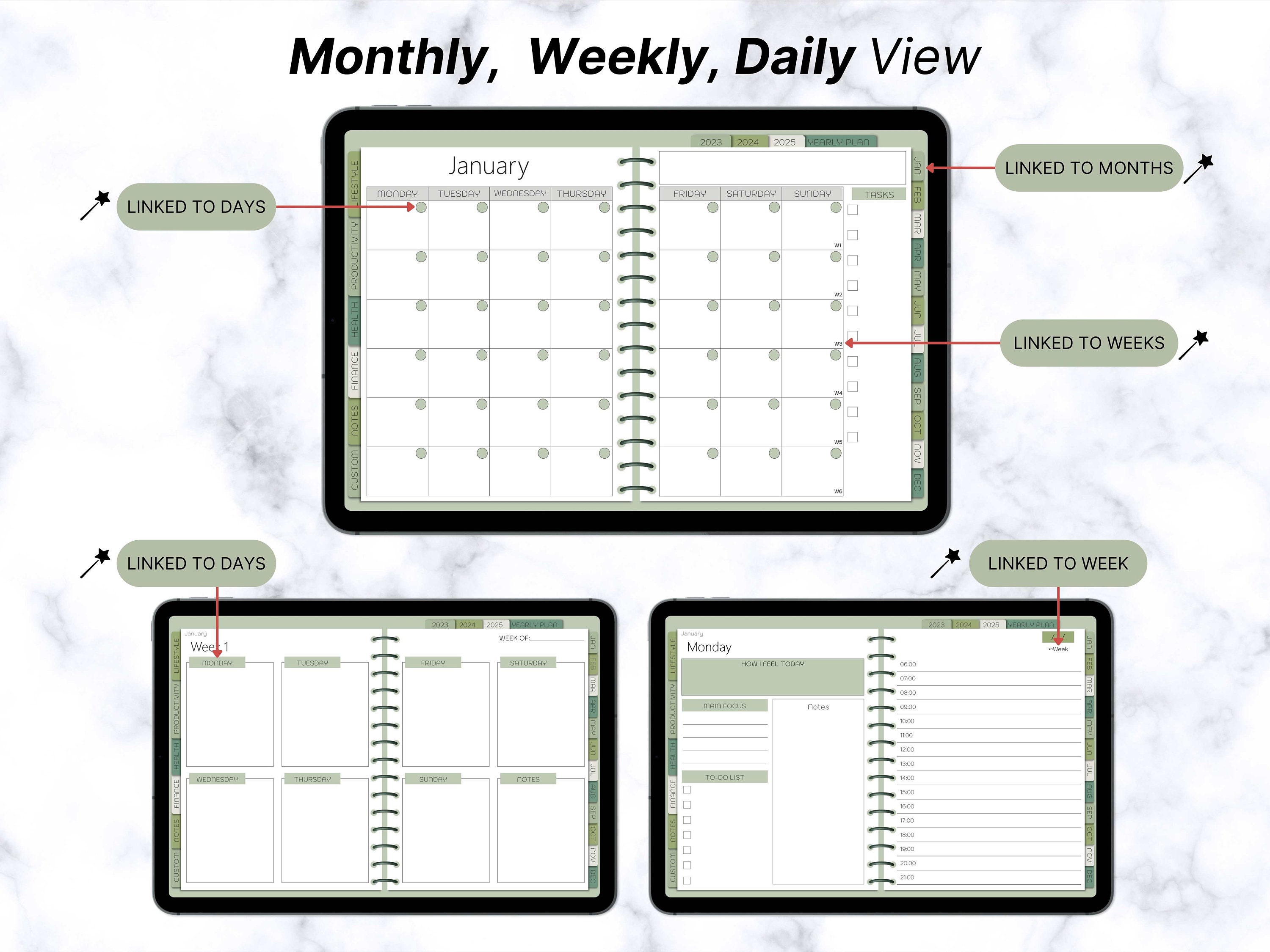 Digital Planner Undated, Monthly Digital Planner, iPad Goodnotes ...