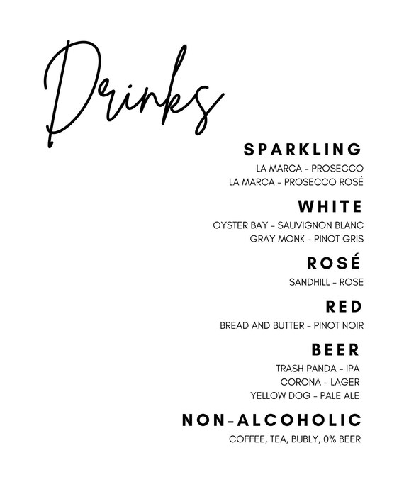 Minimalistic Drink Menu Display Template Wedding Drink Sign - Etsy