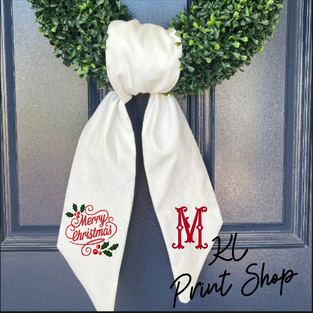 Monogrammed Christmas Wreath Sash, Embroidered Christmas Sash, Front ...