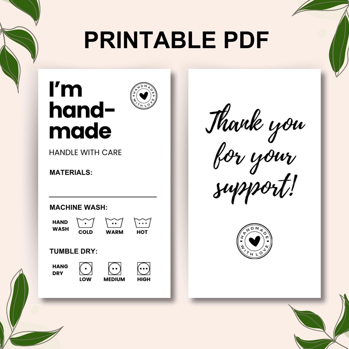 I'm Handmade Printable Care Tags Labels PD, Clothing Care Instructions ...