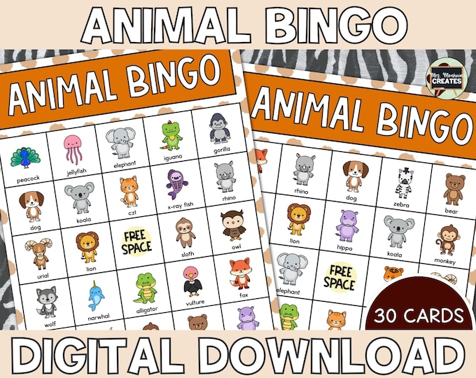 ANIMAL BINGO 20 Cards Game, Zoo Printable Party Game, Instant Digital ...