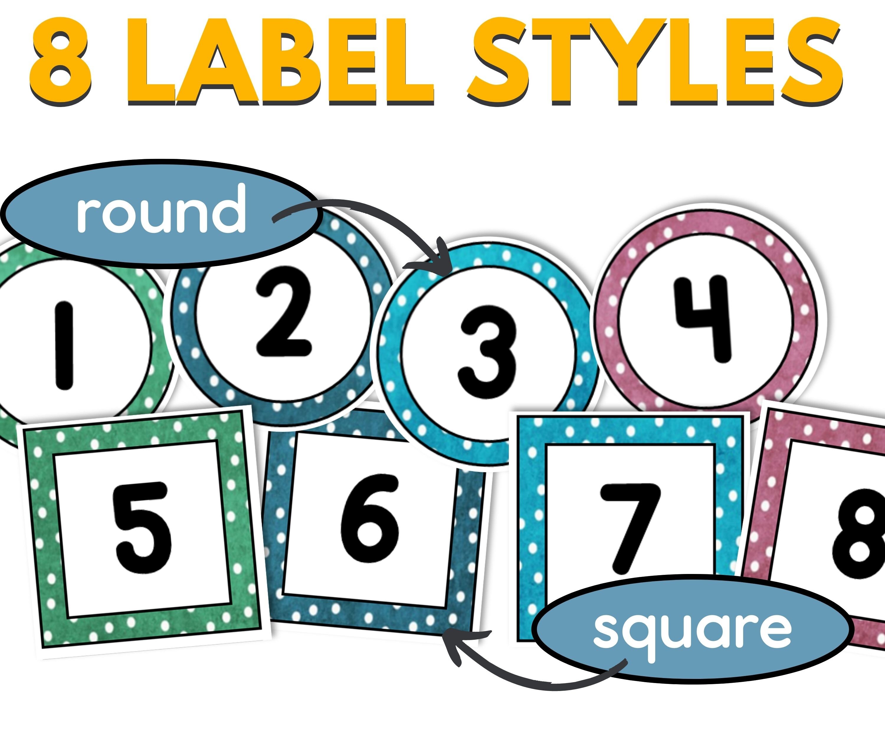 Watercolor Polka Dot Number Labels, Watercolor Classroom Decor, Polka ...