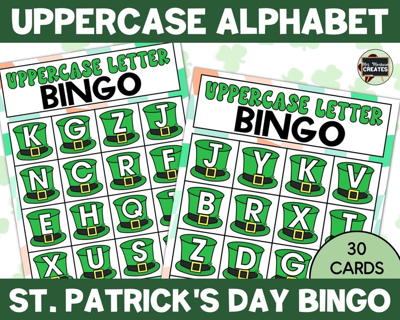 Uppercase Alphabet Bingo St. Patrick's Theme 30 Unique Cards and Tokens ...
