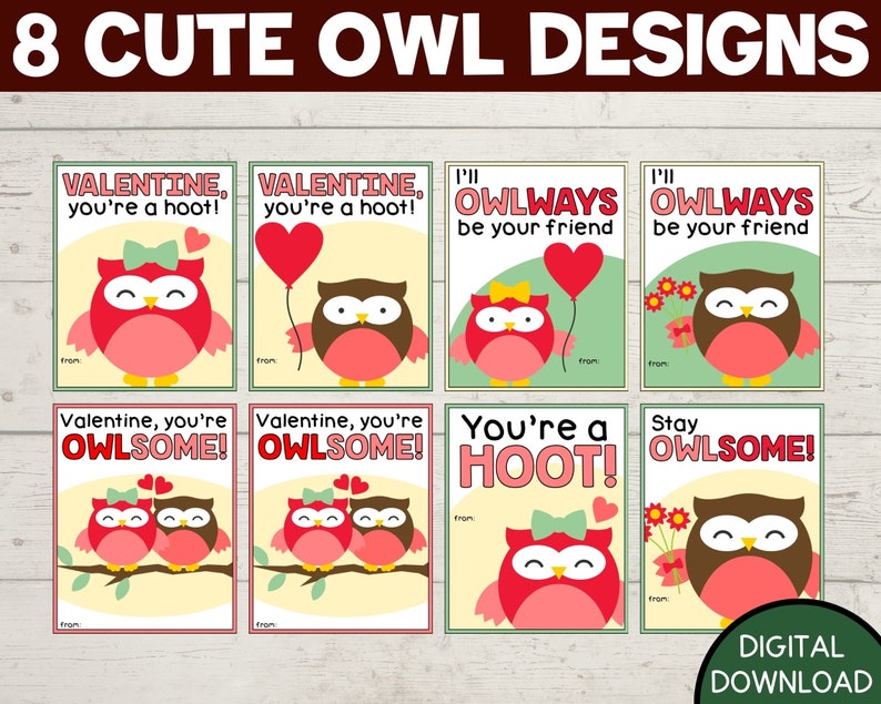 Owl Valentines for Kids, Printable Owl Valentine Cards, Valentines for ...