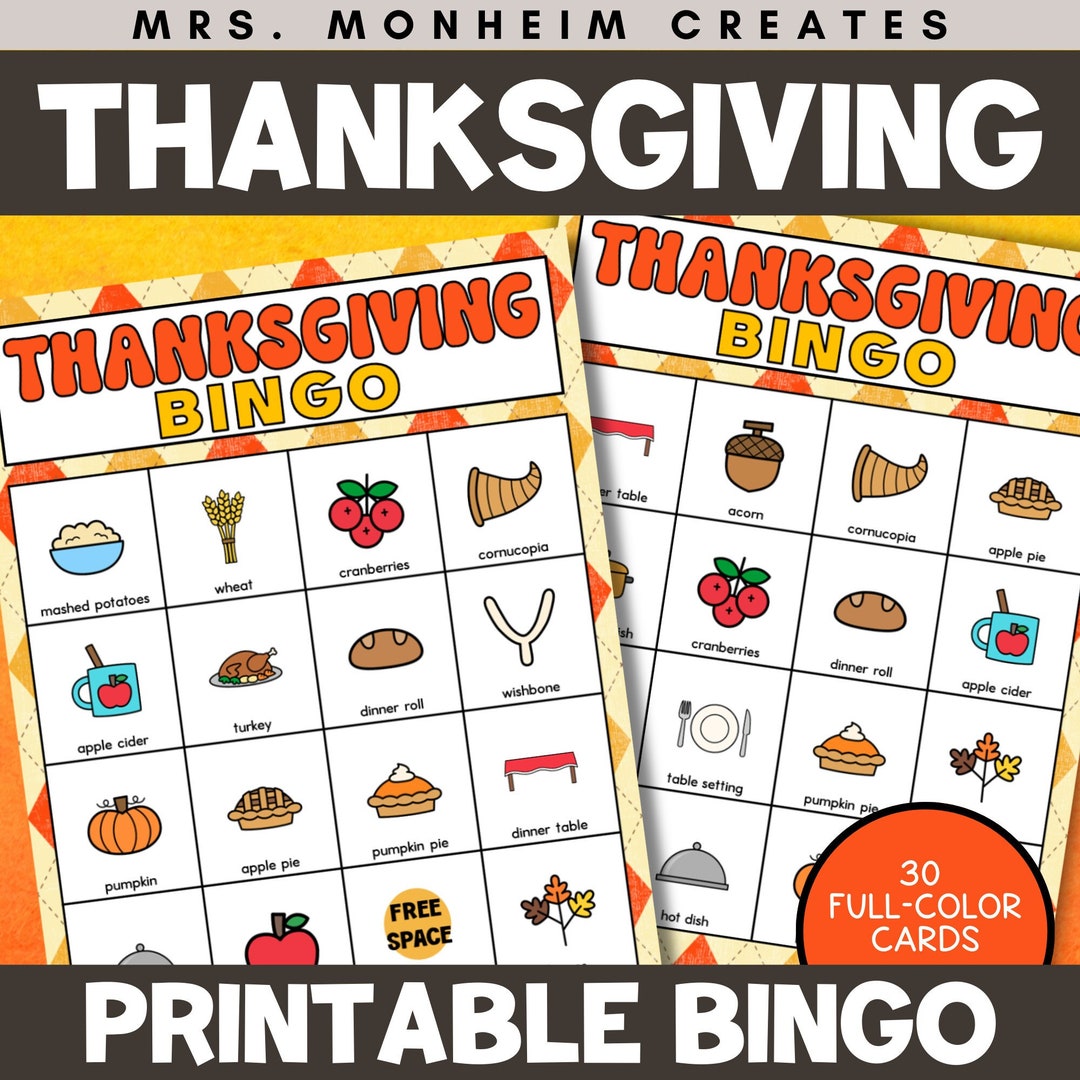 Thanksgiving Bingo Activity for School, Party Game, 30 Unique Cards ...