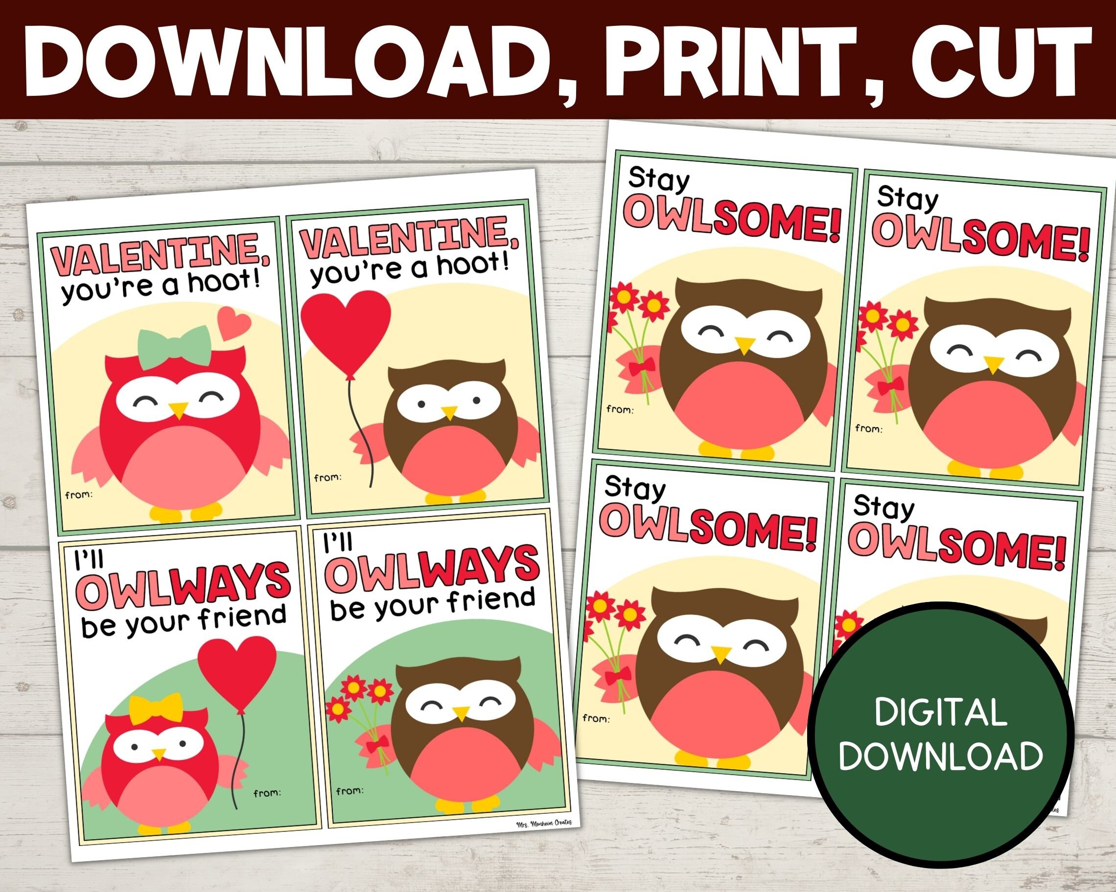 Owl Valentines for Kids, Printable Owl Valentine Cards, Valentines for ...
