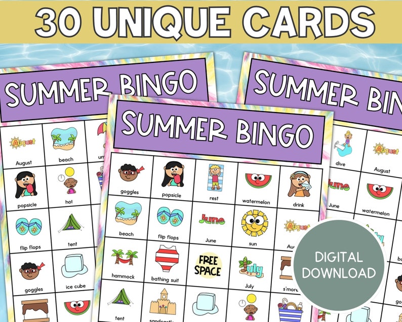 Printable Summer Bingo Game, 30 Unique Cards, Instant Digital Download ...