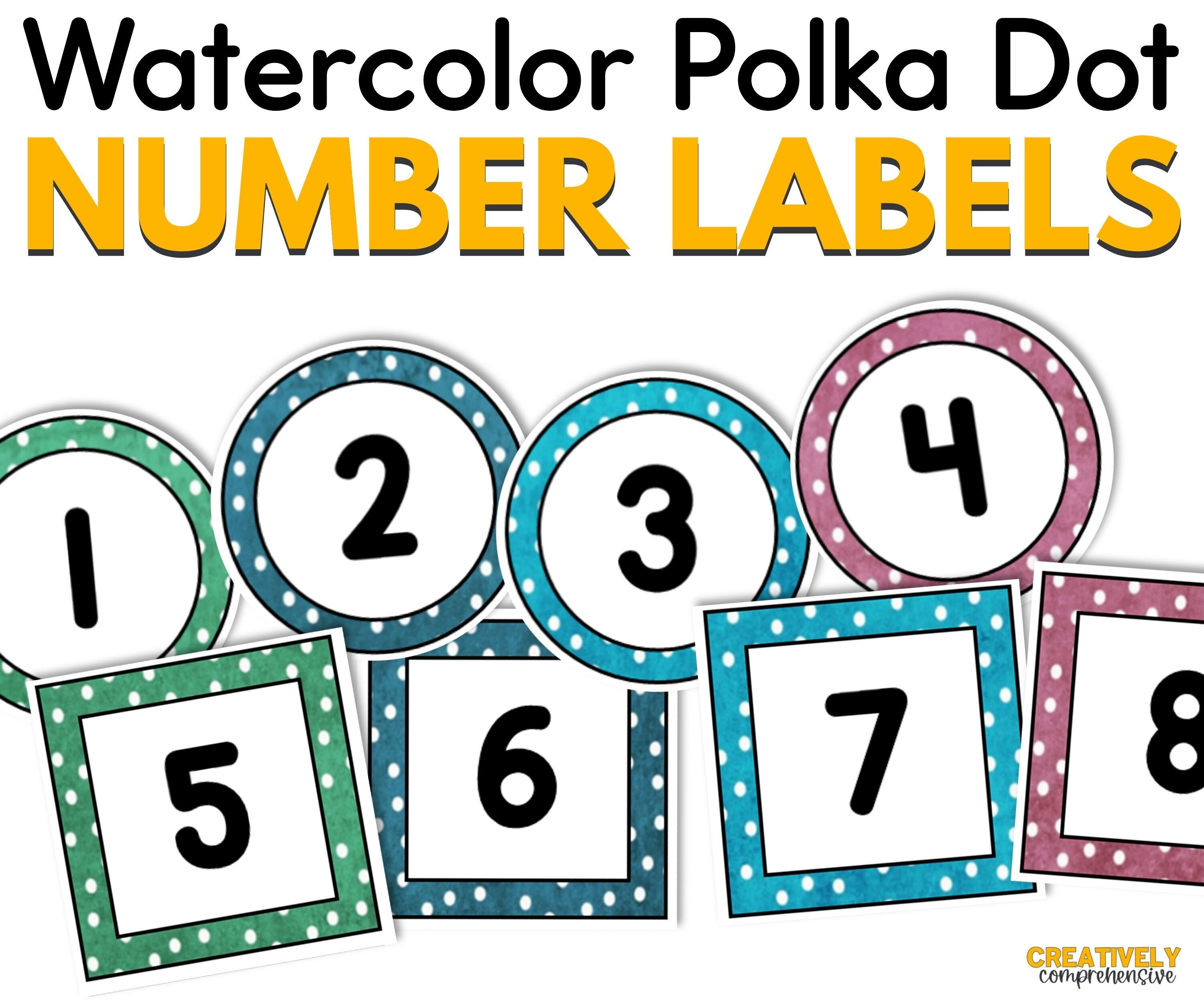 Watercolor Polka Dot Number Labels, Watercolor Classroom Decor, Polka ...