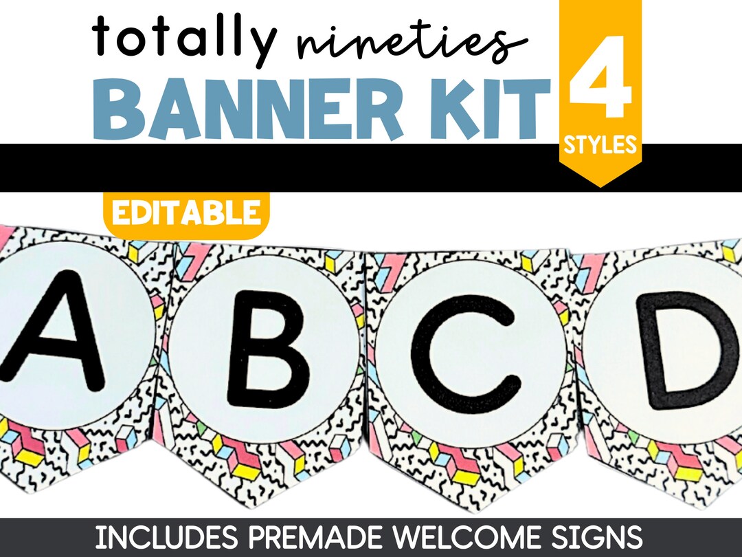 Retro 90s Editable Banner, Customizable Bunting and Flags, Mix and ...
