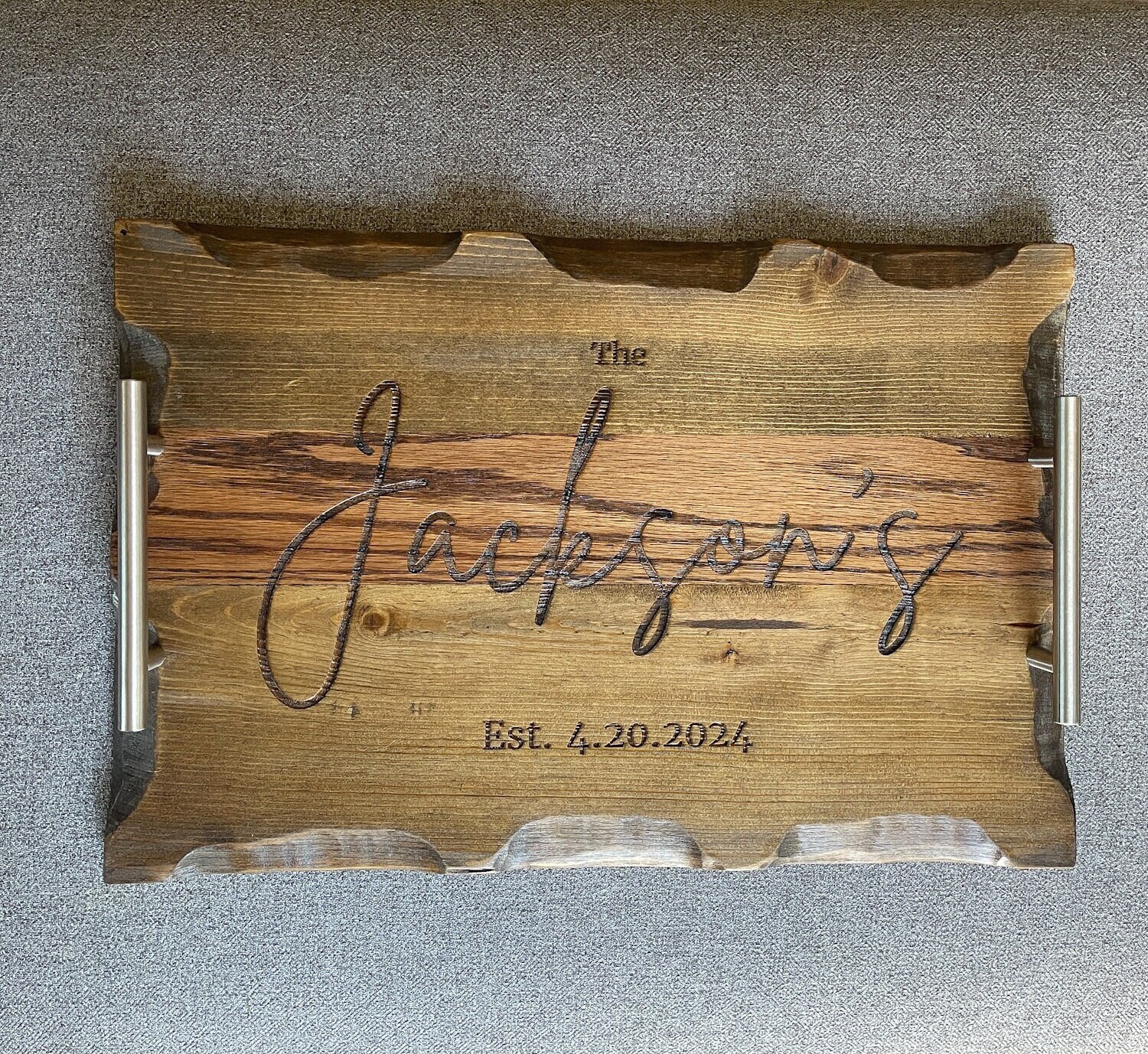 Personalized Rustic Serving Tray With Silver Handles Farmhouse Tray ...