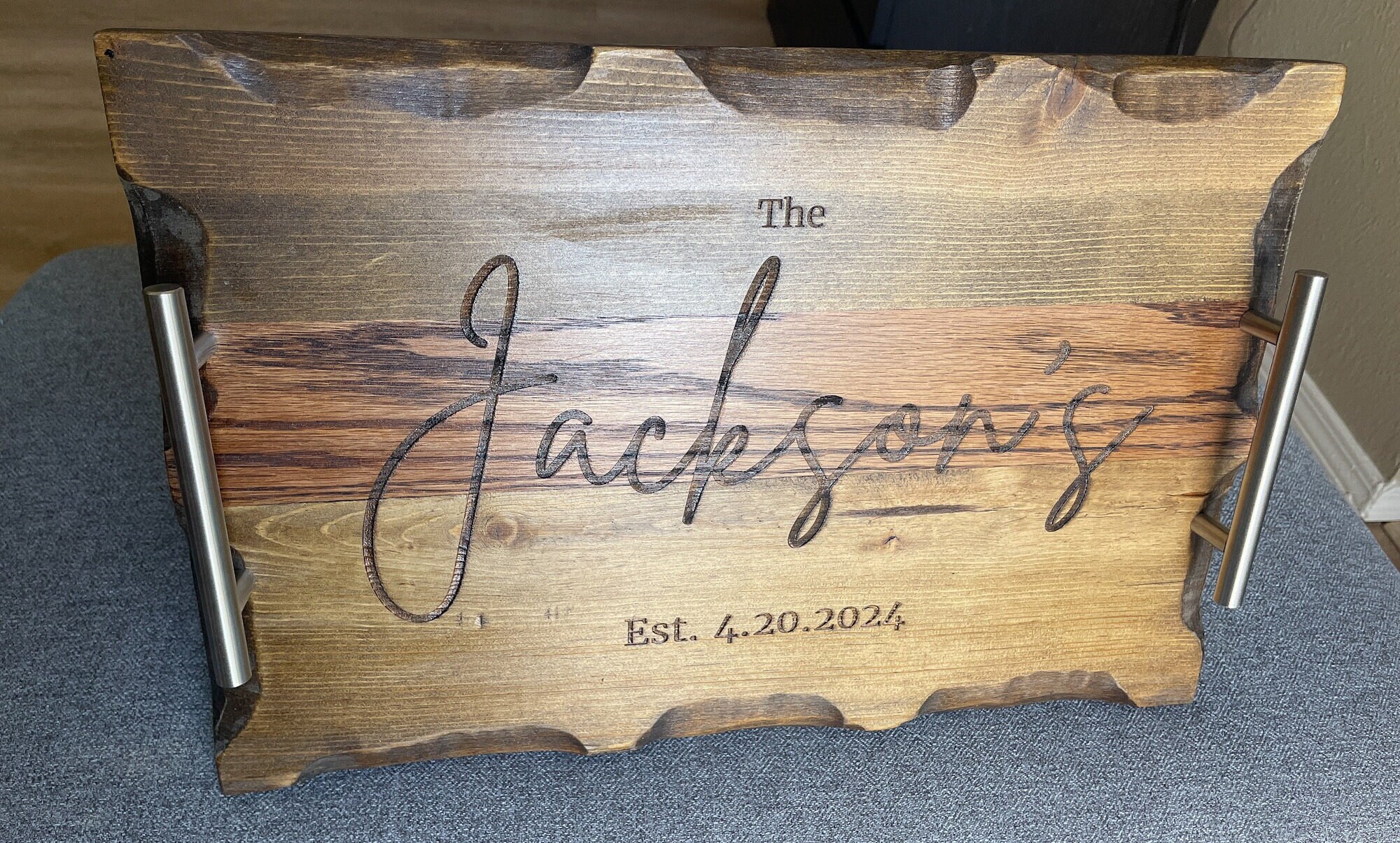 Personalized Rustic Serving Tray With Silver Handles Farmhouse Tray ...