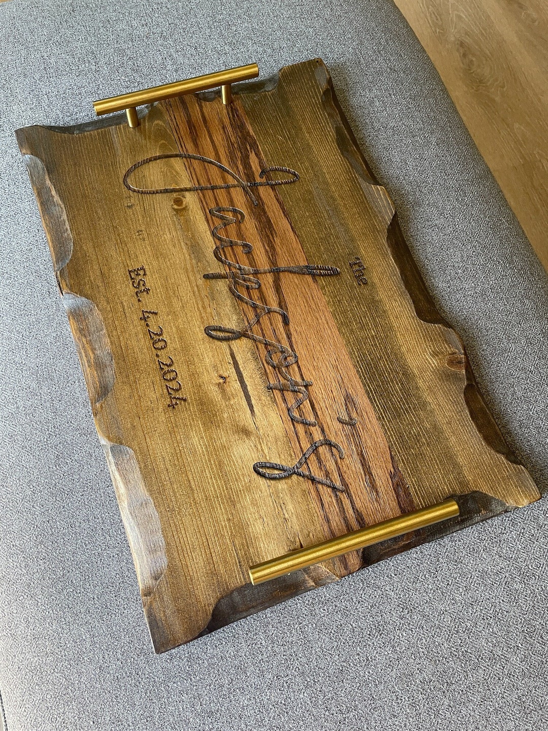 Personalized Rustic Serving Tray With Gold Handles Farmhouse Tray Wood Serving Tray Personalized ...