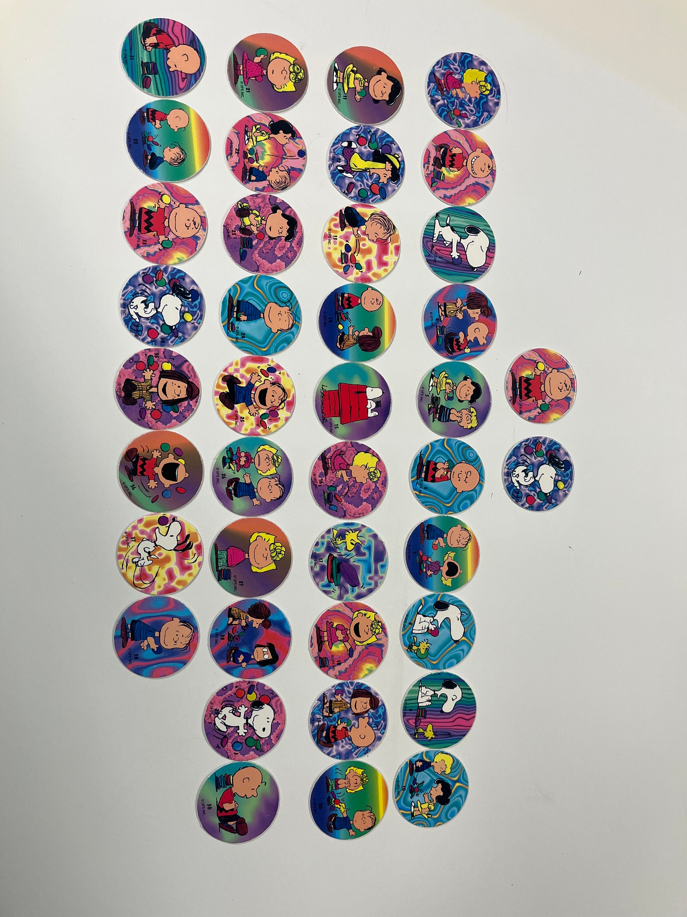 Complete Set (38) 90s Peanuts Pogs Milk Caps Charlie Brown Snoopy Lucy ...