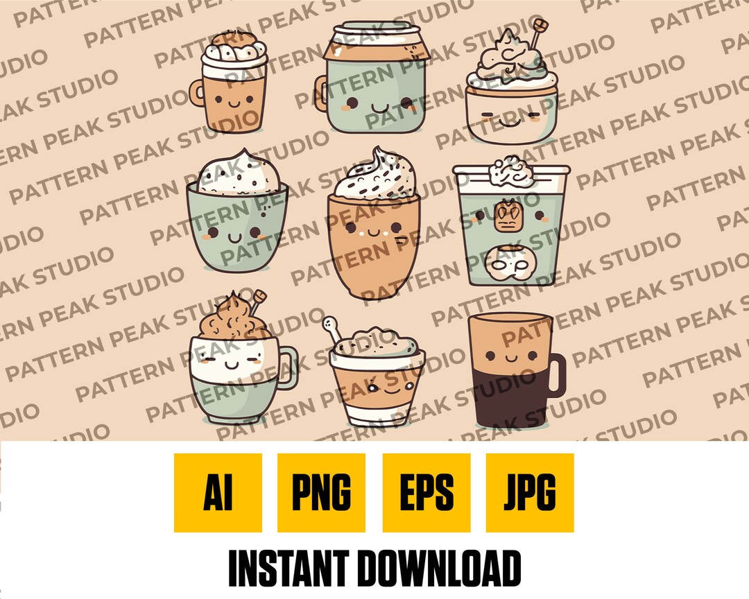 9 Kawaii Cute Coffee Mug Bundle, Food Clipart, Kawaii Food Art. Digital ...