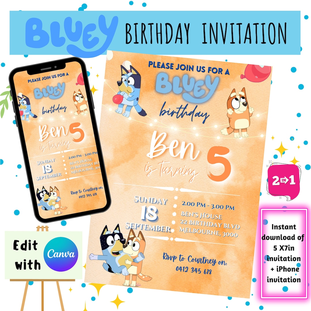 Bluey Birthday Invitation, Digital, Printable, Bluey, Birthday Party ...