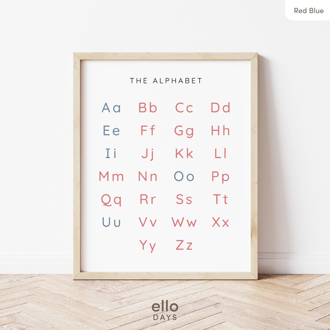 Minimalist Alphabet Wall Art Print, Red Blue Vowel Alphabet Poster ...