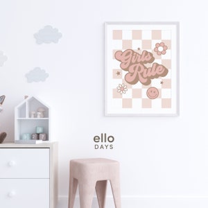 Girls Rule Retro Style Wall Print | Pink Checkered Retro Vintage Smile ...