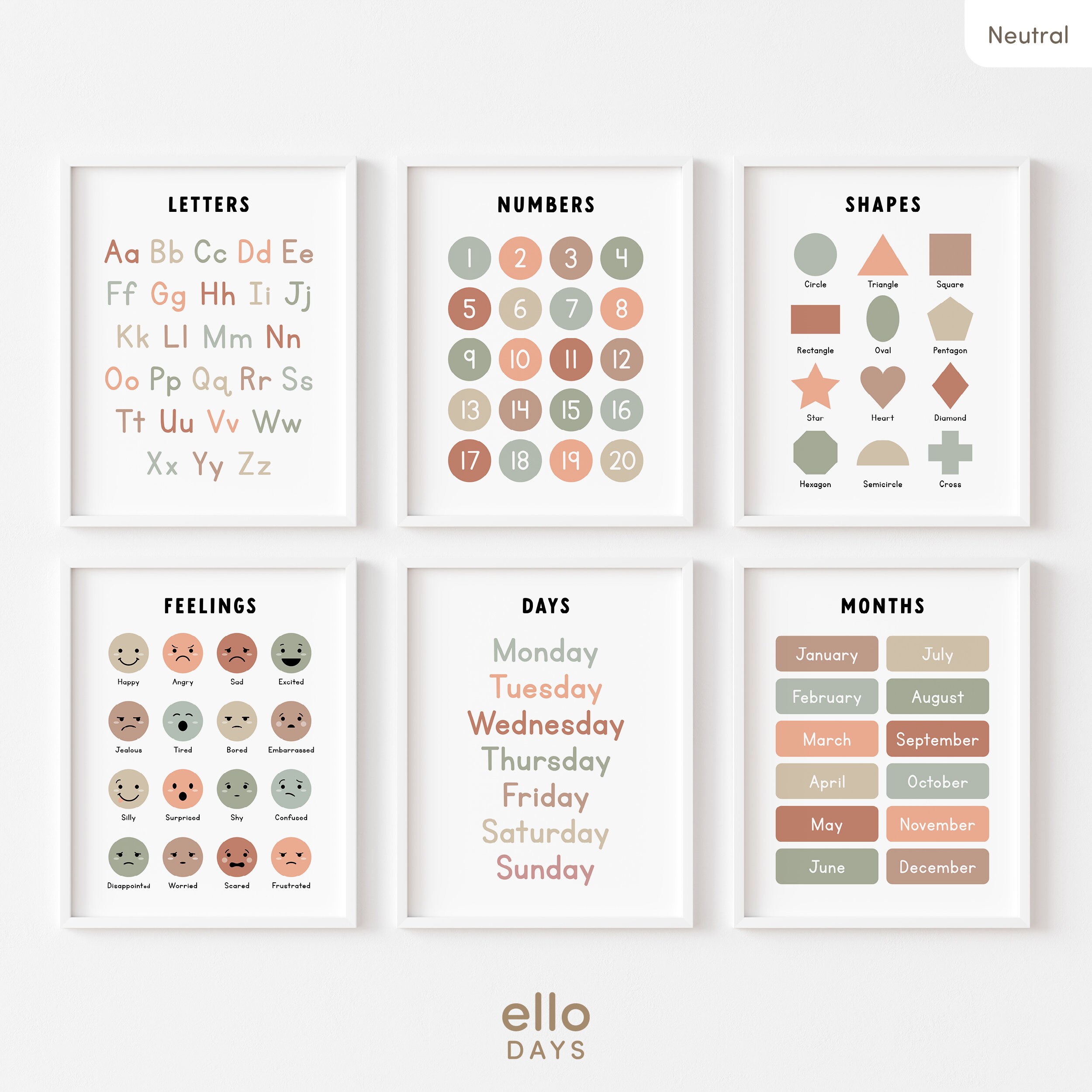 Neutral Educational Posters, 6 Boho Playroom Homeschool Prints ...