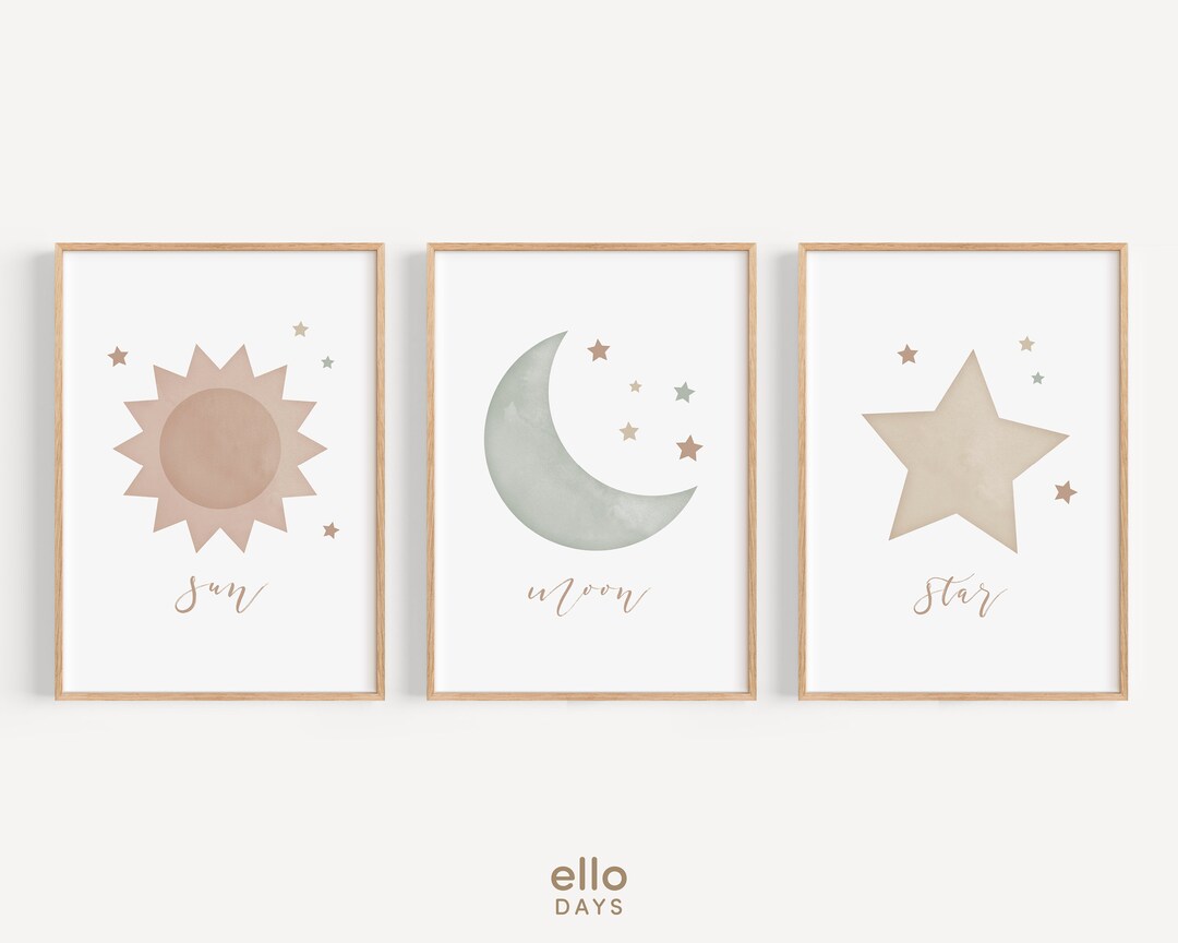 Neutral Sun, Moon, Star Nursery Wall Decor Set of 3 Prints, 3 Piece ...