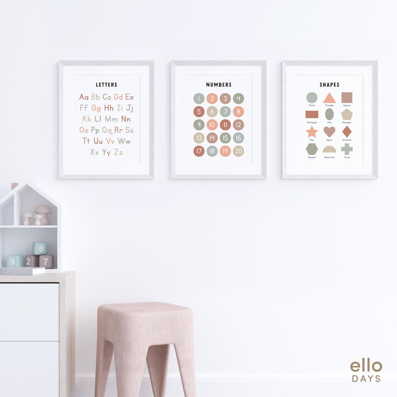 Neutral Alphabet Letters Numbers Shapes Educational Poster Set ...