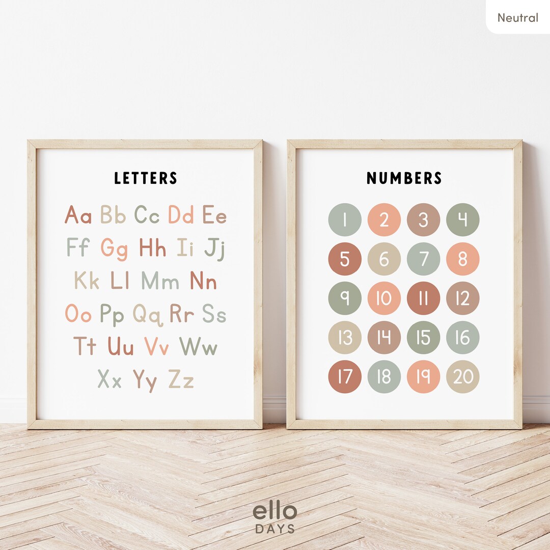Neutral Alphabet Letters and Numbers Poster Set Bundle, ABC Wall Print ...