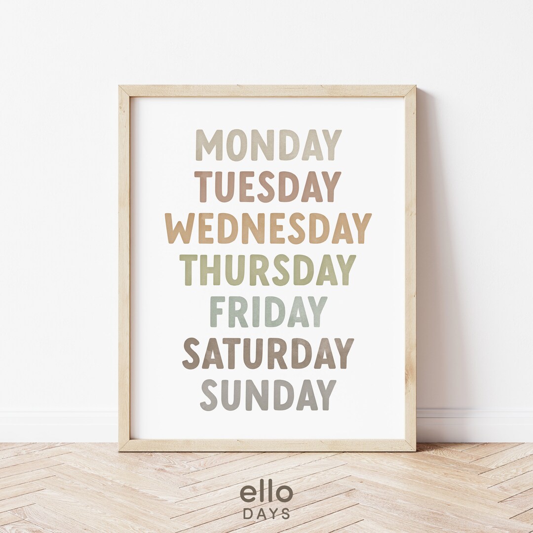 Neutral Days of the Week Printable Wall Art Poster | Educational Poster ...