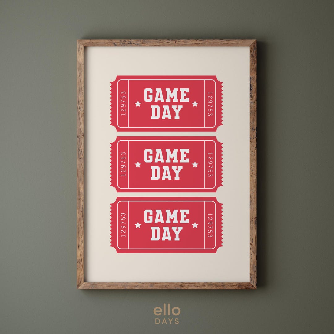 Red Game Day Ticket Sports Wall Art Print, Vintage Ticket Print Wall ...