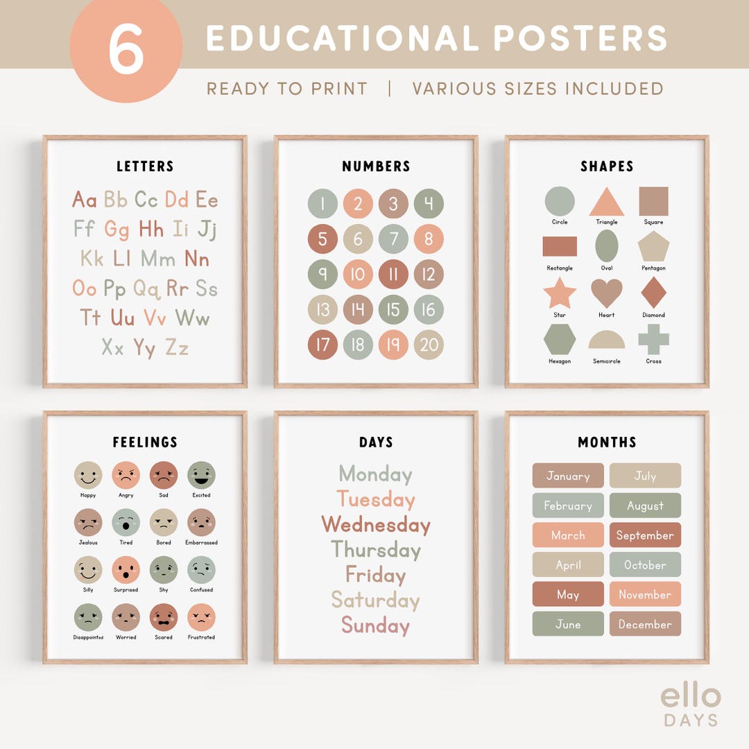 Neutral Educational Posters, 6 Boho Playroom Homeschool Prints ...